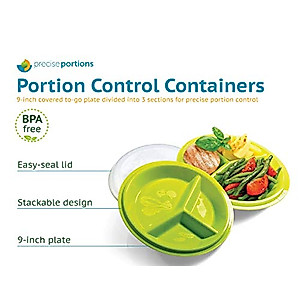 Precise Portions Portion Control Plate - Pack of four (4) 9 INCH 3-Section BPA-Free Nutrition Guidance Plates - with 4 Snap-Tight Vented Lids- for Weight Loss Store