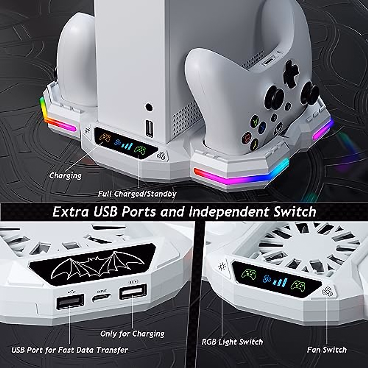 Cooling Fan Stand for Xbox Series S with RGB Light Strip, Wiilkac Upgraded Dual Controllers Charging Dock Accessories with 2 X 1400mAH Rechargeable Battery Pack, Headset Hook & USB Ports - White