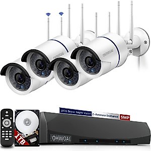[2-Antenna Signal Enhance & 100ft Super Night Vision] Wireless Security Camera System Outdoor, 4pcs 5.0MP CCTV Camera Security System Wireless, Home Wi-Fi Video Surveillance NVR Kits for Businesses