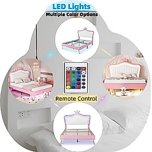 Linique Full Size Upholstered Bed Frame with LED Lights, Modern Upholstered Princess Bed with Crown Headboard, White+Pink