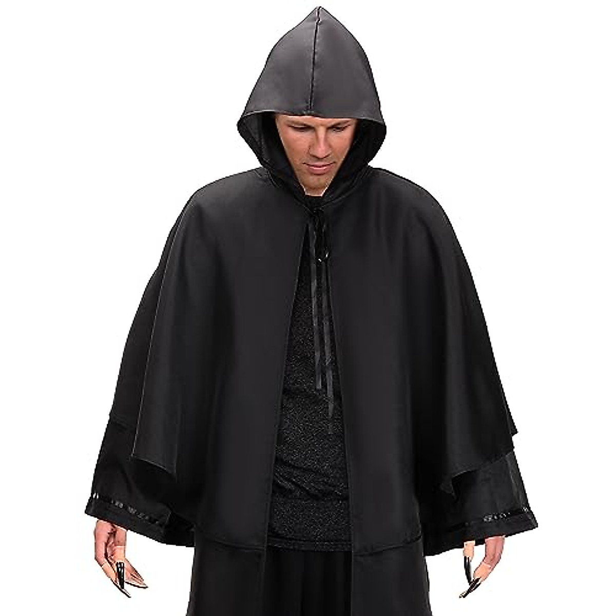 Ramede Halloween Wizard Costume with Black Capes Bald Cap Hairnet and False Nail Finger Tips for Holiday Cosplay Party Men (Large)
