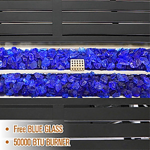 MFSTUDIO 45” Outdoor Rectangular Gas Fire Pit Table，50000 BTU Propane Iron Plate Embossing Fire Table with Lid and Blue Glass for Patio,Backyard and Balcony,Black