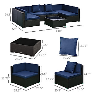 Outsunny 7-Piece Patio Furniture Sets Outdoor Wicker Conversation Sets All Weather PE Rattan Sectional Sofa Set with Cushions & Tempered Glass Desktop, Dark Blue