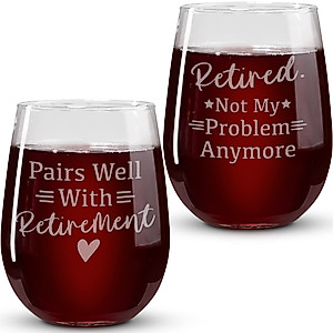 Retirement Gifts for Women - 17 Oz Retirement Stemless Wine Glass Set of 2 - Funny Retired Wine Glass Gifts - Christmas Gifts For Government Retirees - Cool Retirement Gifts for Retired Mom