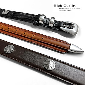 Antique Silver Buffalo& Indian Head Reproduction Coin Conchos Belt Oil Tanned Genuine Leather Western Ranger Belt (Tan, 34)