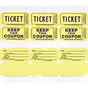 100 Yellow Colored Raffle Tickets Double Roll 50/50 Carnival Fair Split The Pot One Hundred Consecutively Numbered Fundraiser Festival Event Party Door Prize Drawing Perforated Stubs