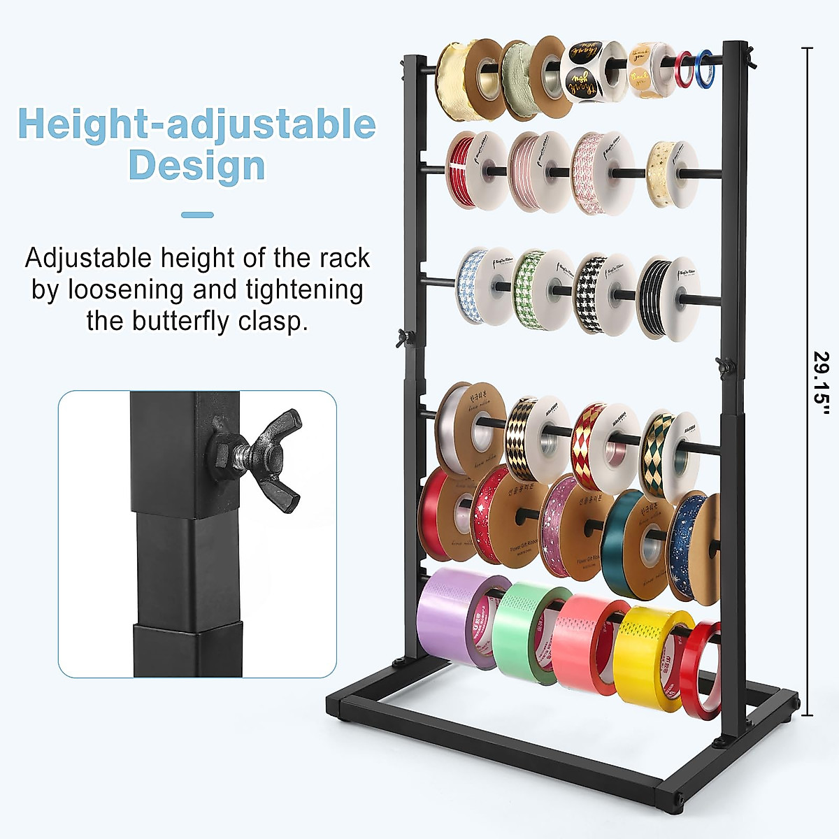 Aulin 6 Tier Large Capacity Ribbon Storage Organizer Rack - Metal Ribbon Spool Holder for Craft Ribbon Washi Tape Arts & Crafts Supplies, Ribbon Rack for Craft Room, Florist Arts Wrapping (Black)