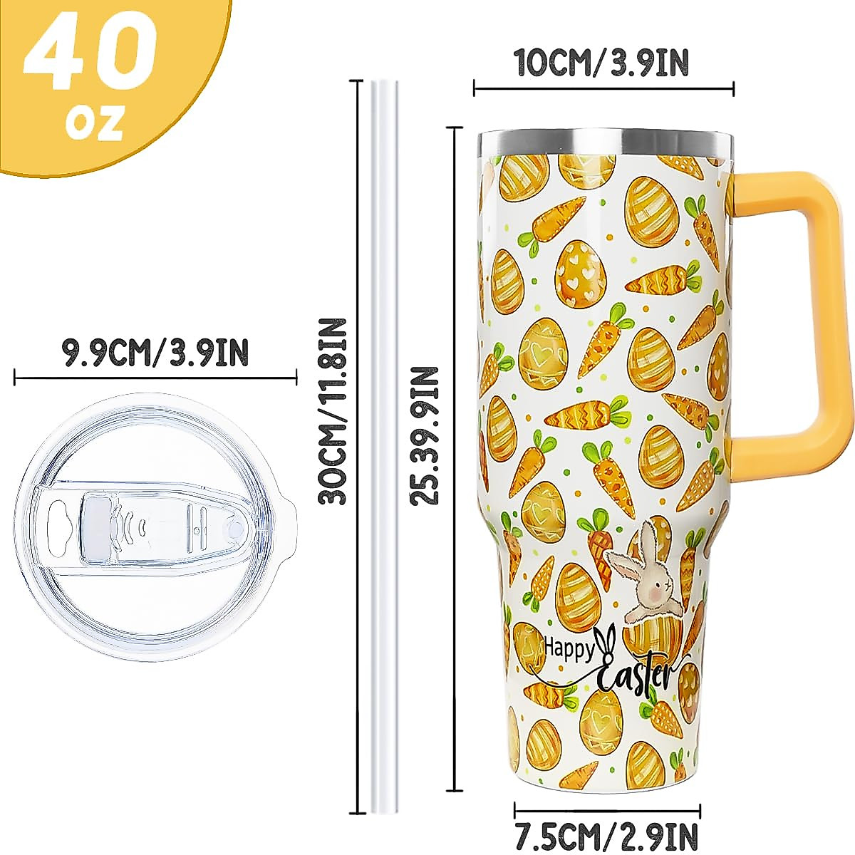 Nqhsionv Easter Tumbler with Handle 40 oz Easter Bunny Carrot Coffee Travel Mug Stainless Steel Rabbit Insulated Cup Happy Easter Decor Gifts