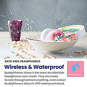 ONANOFF BuddyPhones Wave, Waterproof Wireless Bluetooth Volume-Limiting Kids Headphones, 18-Hour Battery Life, 4 Volume Settings, Built-in Microphone, Includes Backup Cable for Sharing, Unicorn Pink