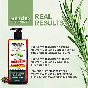 AmazingOrganics Rosemary and Castor Oil - 100% Pure Organic Non-GMO Cold-Pressed Castor Oil for Healthy Hair, Skin, Nails, Eyebrows, and Eyelashes 250 ml