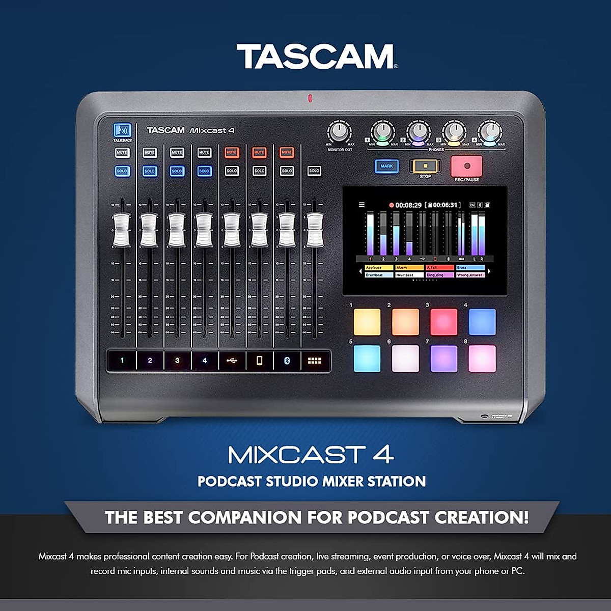 Tascam Mixcast 4 S Podcast Studio Mixer Station with Built-in Recorder/USB Audio Interface, 8 Sound-effect, Records 14 Tracks, comes w/ Deluxe 4S Accessories Bundle
