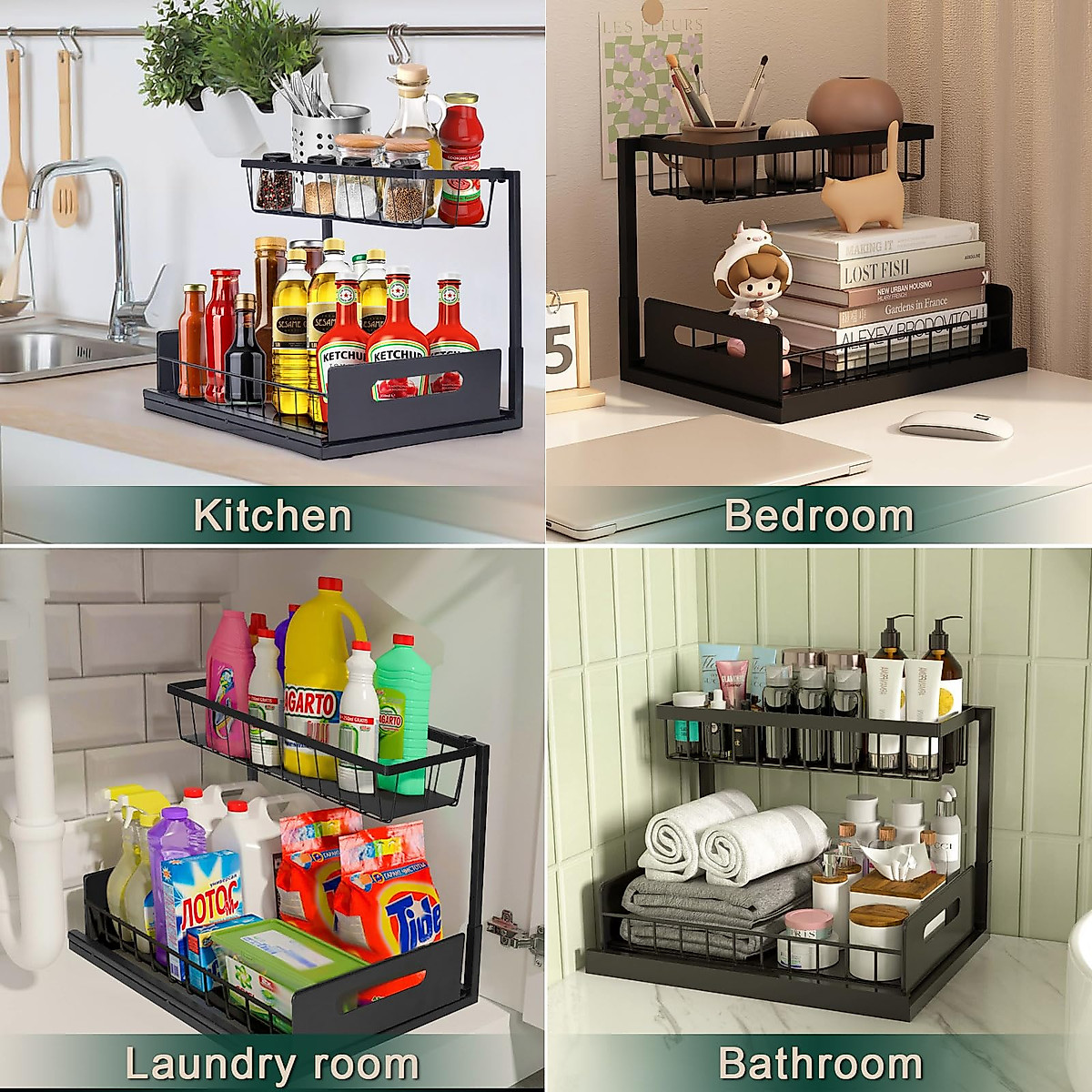 Houocon Under Sink Organizers and Storage, 2-Tier Under Bathroom Cabinet Organizer with Hooks, Pull Out Cabinet Organizer Under Kitchen Sink, Black, Metal