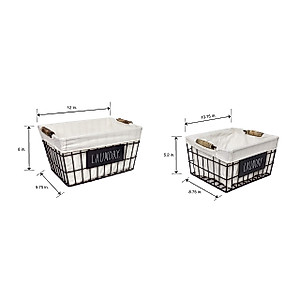 Rae Dunn Wired Storage Baskets Set of 2 - Rustic Organizers with Fabric and Metal Lining – Stylish Supply Bin for Bathroom, Laundry Room, Closet, Nursery - Cute Home Décor with “Organize” Sign