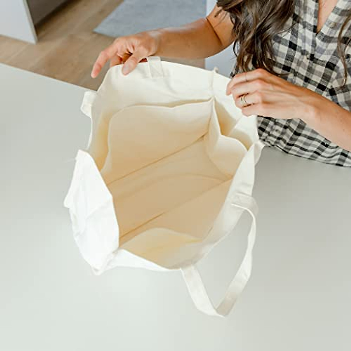 Reusable Grocery Bags Set of 12, 100% Cotton Plain Cloth Blank Canvas Heavy Duty Bag Bundle, With Handles for Shopping, Produce, Farmers Market, Include 3 Small, 3 Medium, 3 Large Mesh Bags, 3 Tote