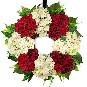 Artificial Flower Wreath, OrgMemory Floral Wreath, (Welcome Sign, 20”, Metal Hanger), Spring Wreath for Home Party Festival Wedding Decor (Scarlet and Ivory)