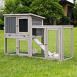 COZIWOW Indoor/Outdoor Rabbit Hutch, 2 Story Wooden Pet Bunny House Wooden Cage with Water Bottle,Ventilation Gridding Fence, Cleaning Tray, for Small Animals, Grey