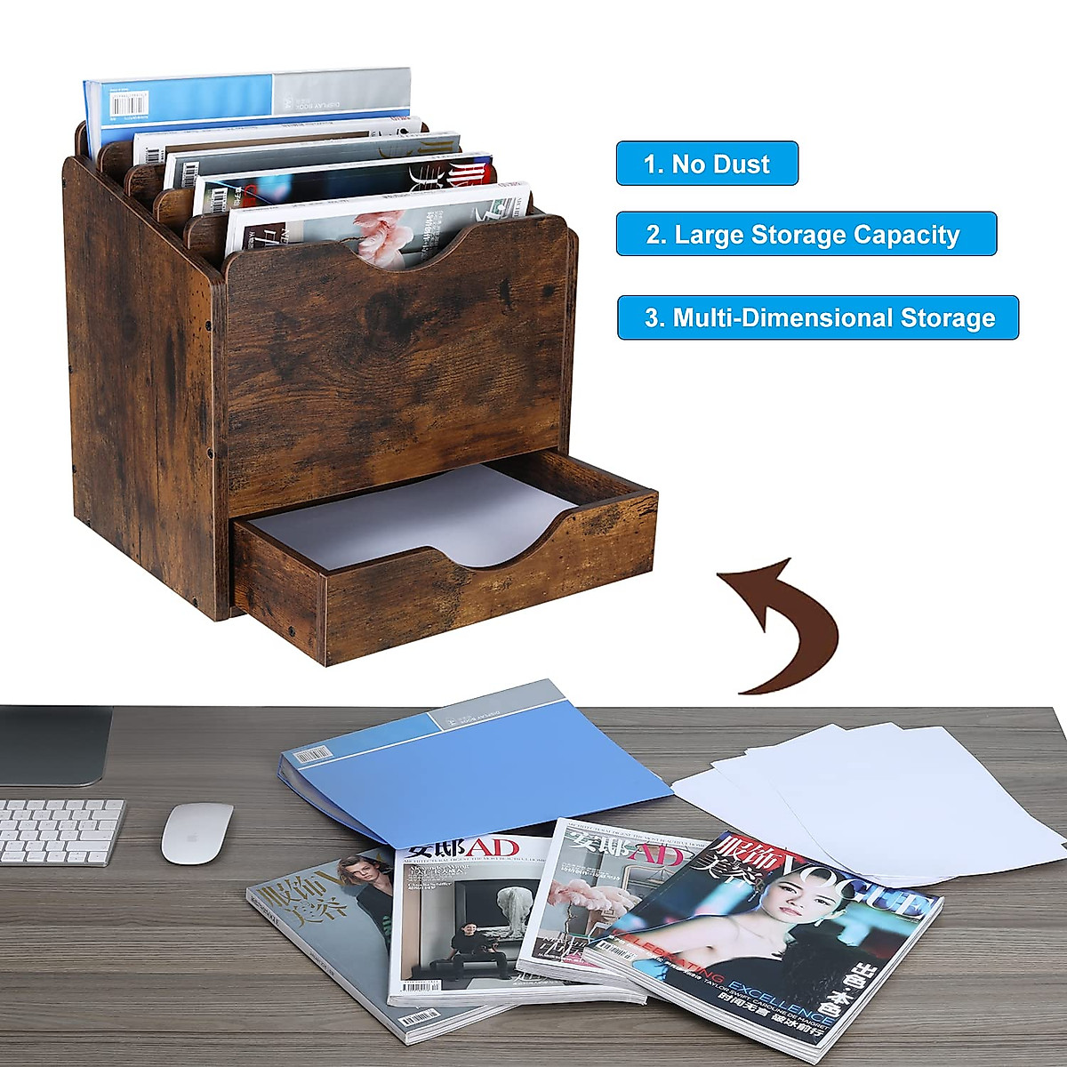 PAG Wood Desktop File Holder Organizer Mail Sorter with Drawer, for File Folders, Mails, Envelopes, Mailing Supplies or Magazines, 6 Compartments, Antique Brown