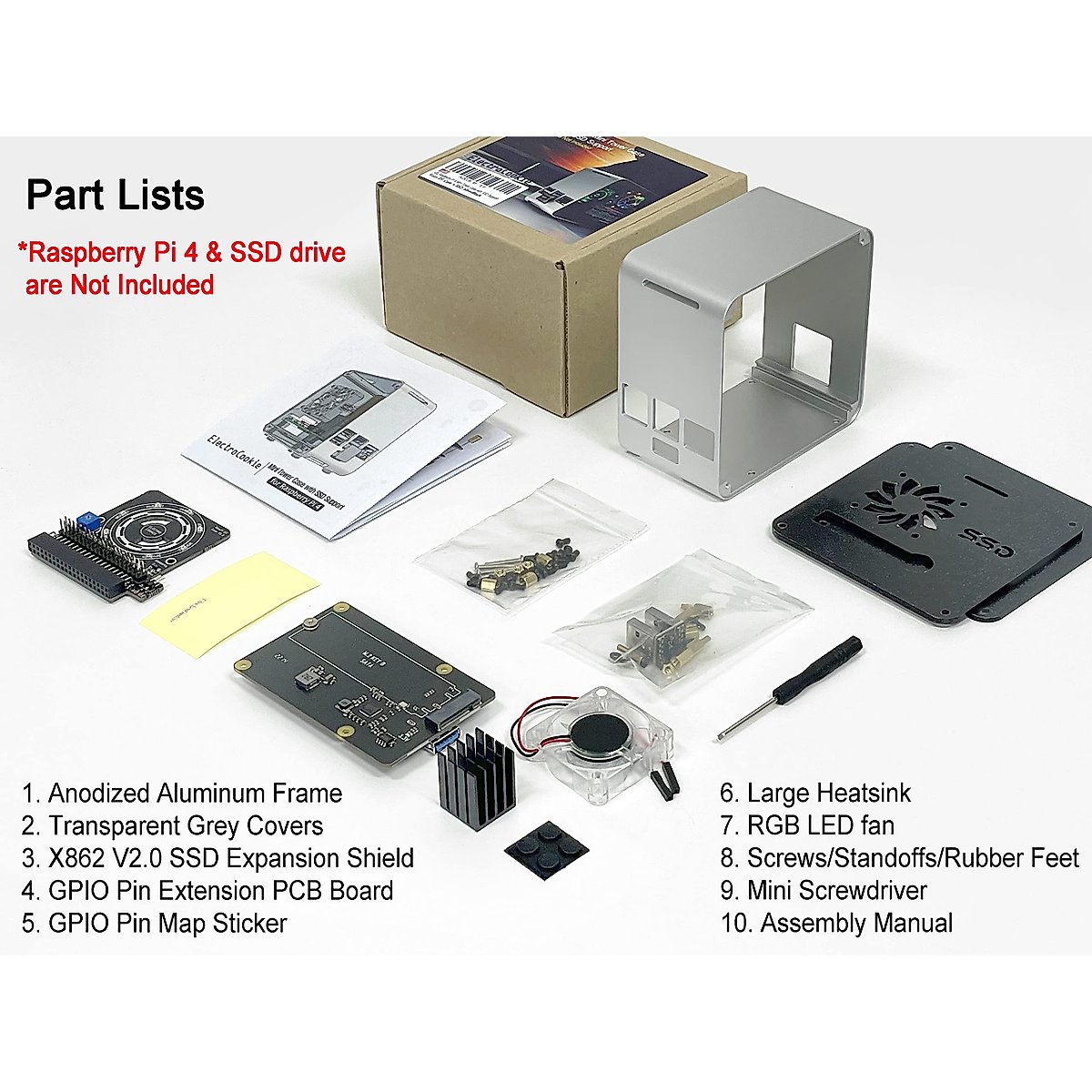 ElectroCookie Raspberry Pi 4 SATA SSD Support Case, Aluminum Mini Tower Case with Cooling Fan and Color Changing Ambient Light (Silver & Black)