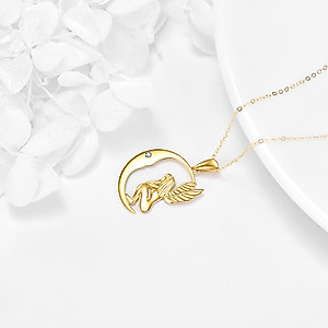 ELFRONT 14K Solid Gold Guardian Angel Wings Necklace for Women Moon Pendant Necklace Real Gold Jewelry Birthday Gifts for Her Wife Mom Grandma Girlfriend