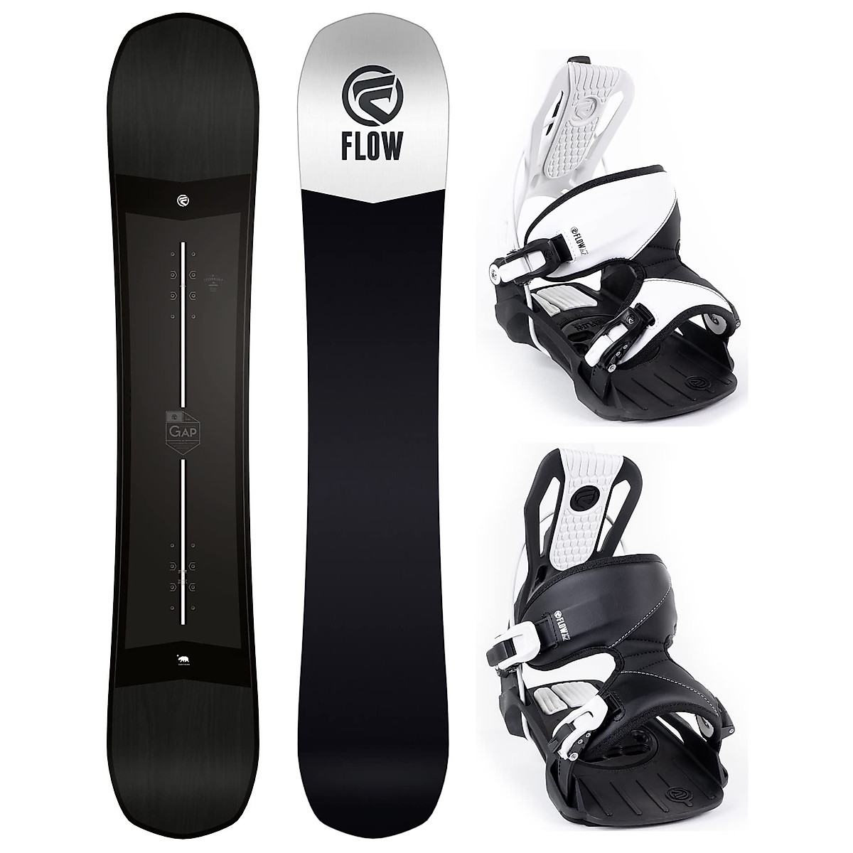 2022 FLOW Men's Gap Wide Snowboard Package Alpha Bindings - 156 cm Wide (Large (7.5-10.5), White Bindings)