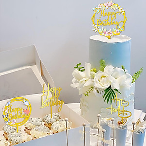 32 PCS Gold Happy Birthday Cake Toppers Flower Acrylic Gold Birthday Cake Topper Cake Pick Decorations for Birthday Party Cake Desserts Pastries (Gold)