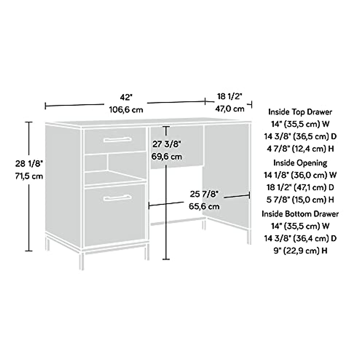 Sauder North Avenue Pedestal Home Office Desk, L: 41.97" x W: 18.50" x H: 28.15", Smoked Oak Finish