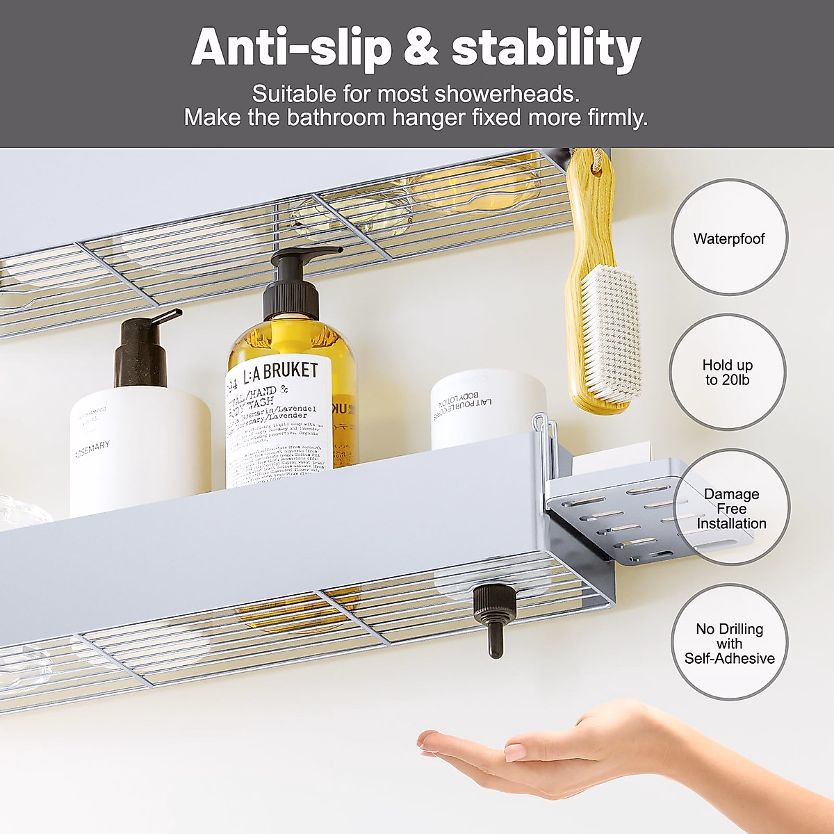 Fixwal 3 Pack Shower Caddy Bathroom Organizer Shelf with 4 Hooks, Rustproof Strong Adhesive Storage Rack with Soap Holder No Drilling for Inside Shower Home Kitchen Organizer (Silver)