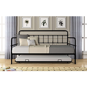 Twin Metal Daybed Frame with Trundle,Heavy Duty Steel Slat Support Space Saving Bed Sofa,Bedroom Living Room Furniture,Black