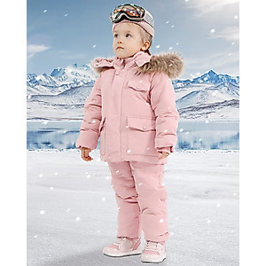 Toddler Girl Snowsuit 2Pcs Kids Down Jacket Winter Hooded Coat +Snow Bib Pants Kids Windproof Skiing Suit (3T/4T,Pink)