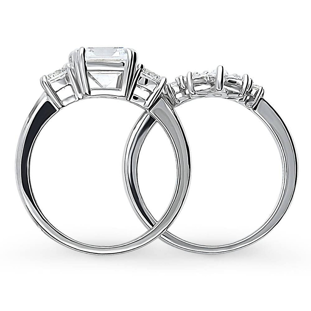 BERRICLE Sterling Silver 3-Stone Wedding Engagement Rings Emerald Cut Cubic Zirconia CZ 7-Stone Ring Set for Women, Rhodium Plated Size 8