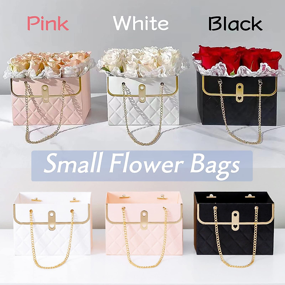 MIFOR 5PCs Paper Flower Gift Bags Bouquet Bags Box with Handle Florist Bag Handbag Gift Case Wedding Valentine's Day Gift Wrap Bags (Pink+White+Black 15pcs)