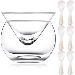 Glass Caviar Chiller Server Set Plus 6 Pcs Caviar Spoons Caviar Serving Set 2.76 to 3.54 Inches Mother of Pearl Spoon Shell Spoon Round Handle, Universal Martini, Wine, Liquor Cocktail Chiller