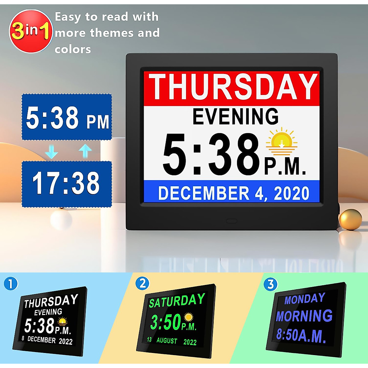 【Upgraded】 Dementia Clock 2.0 with Auto DST, Large 8" Display, 19 Alarms, DIY Custom Reminders,10 Auto-Dim Options, Non-Abbreviated Digital Clock for Elderly, Memory Function (8 Inch with Remote)
