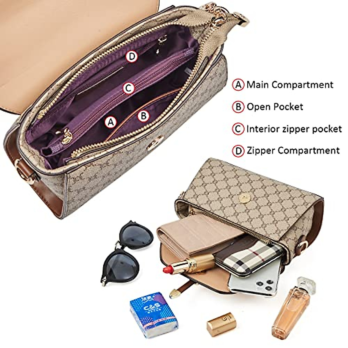 LAORENTOU Small Satchel Handbag for Women, PVC Faux Leather Ladies Monogram Crossbody Shoulder Bag Checkered Purse (05 Off-white)