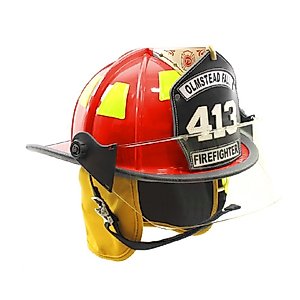 MSA 1010FDR Cairns Fire Helmet with 4" Tuffshield, Deluxe Leather, Crown Pad, PBI/Kevlar Earlap, Nomex Chinstrap with Quick Release, Postman Slide and 6" Carved Brass Eagle, Red