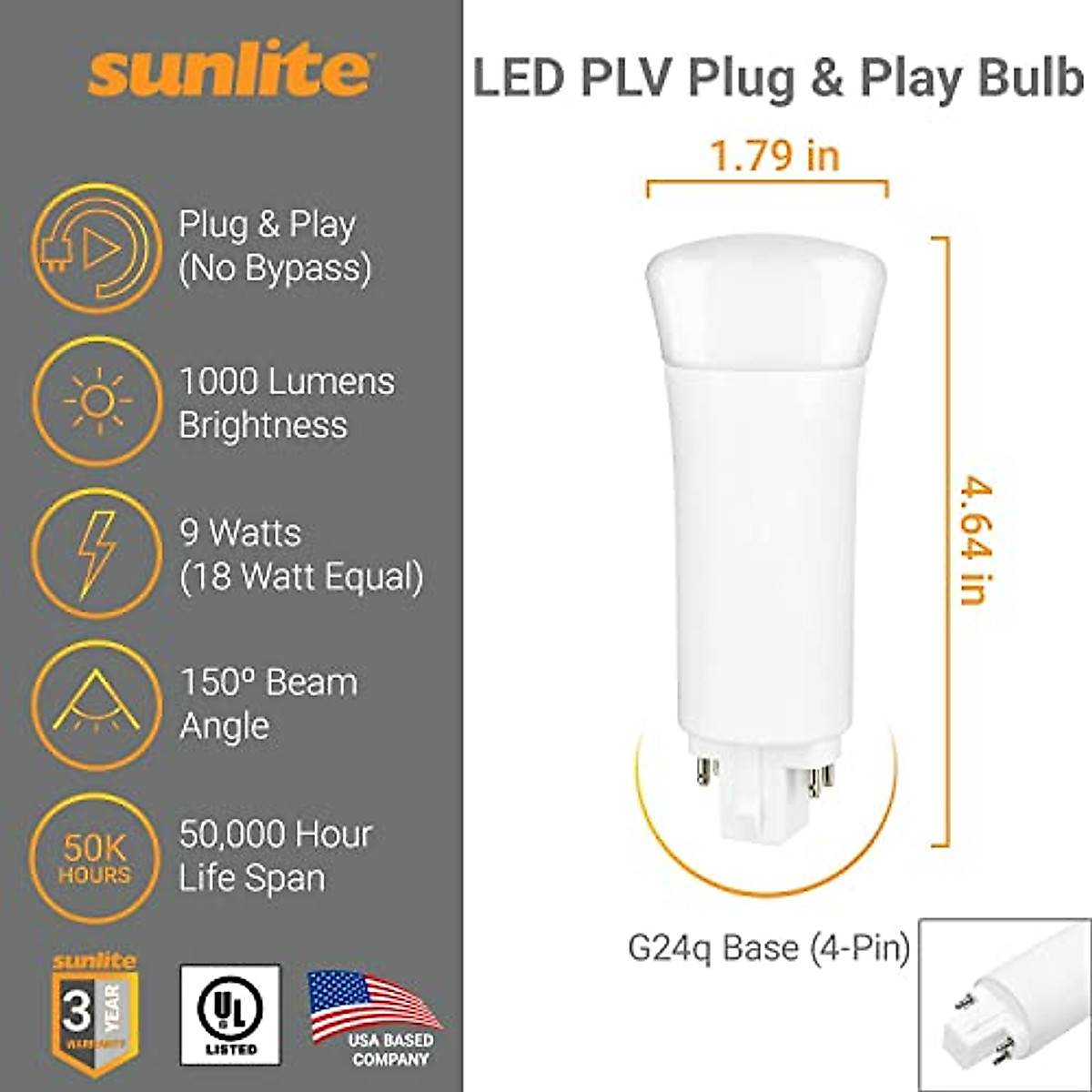 Sunlite LED Vertical PLV Plug and Play Light Bulb, 9 Watts (26W Equivalent), G24q Base, Ballast Dependent, CFL Replacement, UL Listed, 40K - Cool White 1 Pack