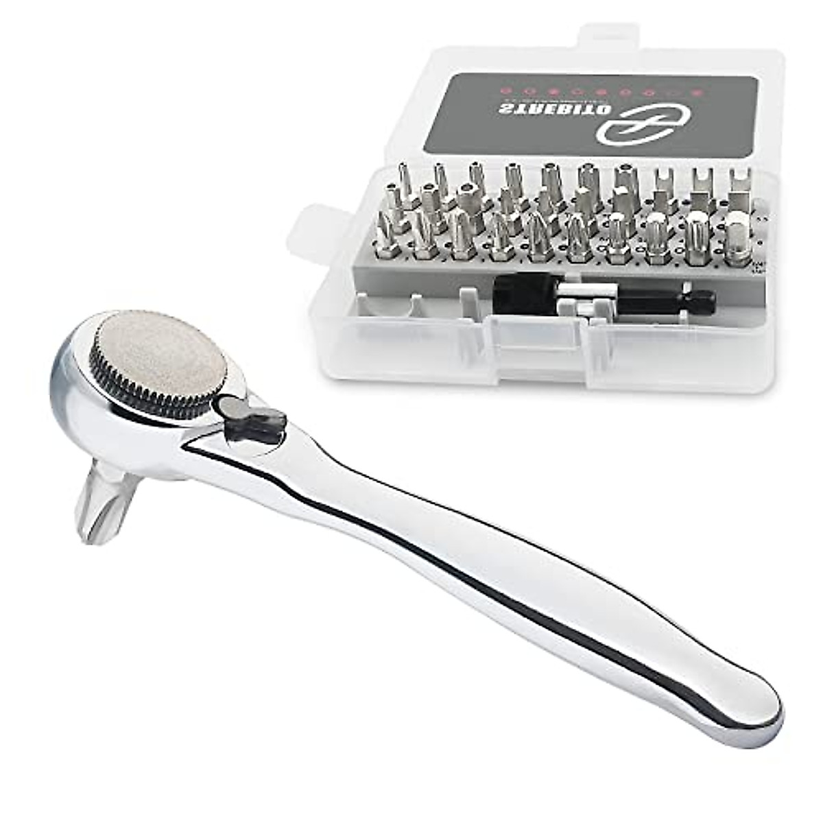 STREBITO Right Angle Screwdriver 32-Piece 1/4 Inch Mini Ratchet Set Low Profile Offset Bit Set with 72-Tooth Ratcheting Wrench Stubby Ratchet 90 Degree Screwdriver for Small Spaces