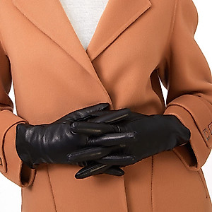 ZLUXURQ Luxury Italian Soft Leather Gloves for Women in Black - Genuine SheepSkin Leather Women’s Cold Weather Gloves Fleece Lined