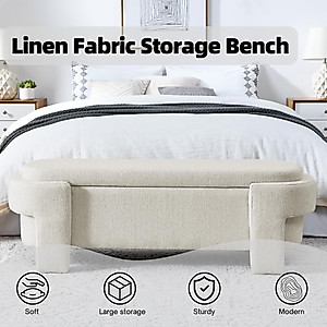 Wunlerlant 51.5" Oval Storage Bench End of Bed Storage Ottoman Benches Linen Fabric Upholstered Oversized Ottoman Bench with Large Storage Space for Living Room Entryway Bedroom Hallway Window Seating