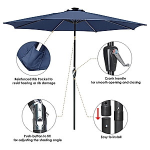 Yescom 9FT 8 Ribs Solar Powered Patio Umbrella with Tilt and Crank Outdoor Market Table Umbrella for Backyard Pool Night Party Event Yard Navy