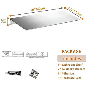 Biutimarden 16Inch Stainless Steel Wall Mounted Floating Shelf Drilling or Shelf Adhesive Modern Room Decor Wall Shelf Floating Shelf for Bathroom Bedroom Decor