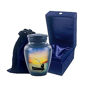 Immortal Memories Fishing Keepsake Urn - Keeksake Cremation for Ashes Token Hand Painted Mini Memorial Sharing with Velvet Case & Bag (Keepsake), Sky Blue