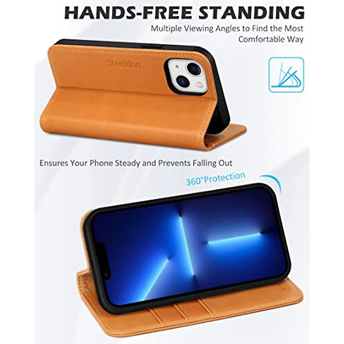 SHIELDON Case for iPhone 13 5G, Genuine Leather Durable Flip Wallet Kickstand RFID Blocking Credit Card Holder Magnetic Shockproof Protective Case Compatible with iPhone 13 (6.1" 2021 Release) - Brown