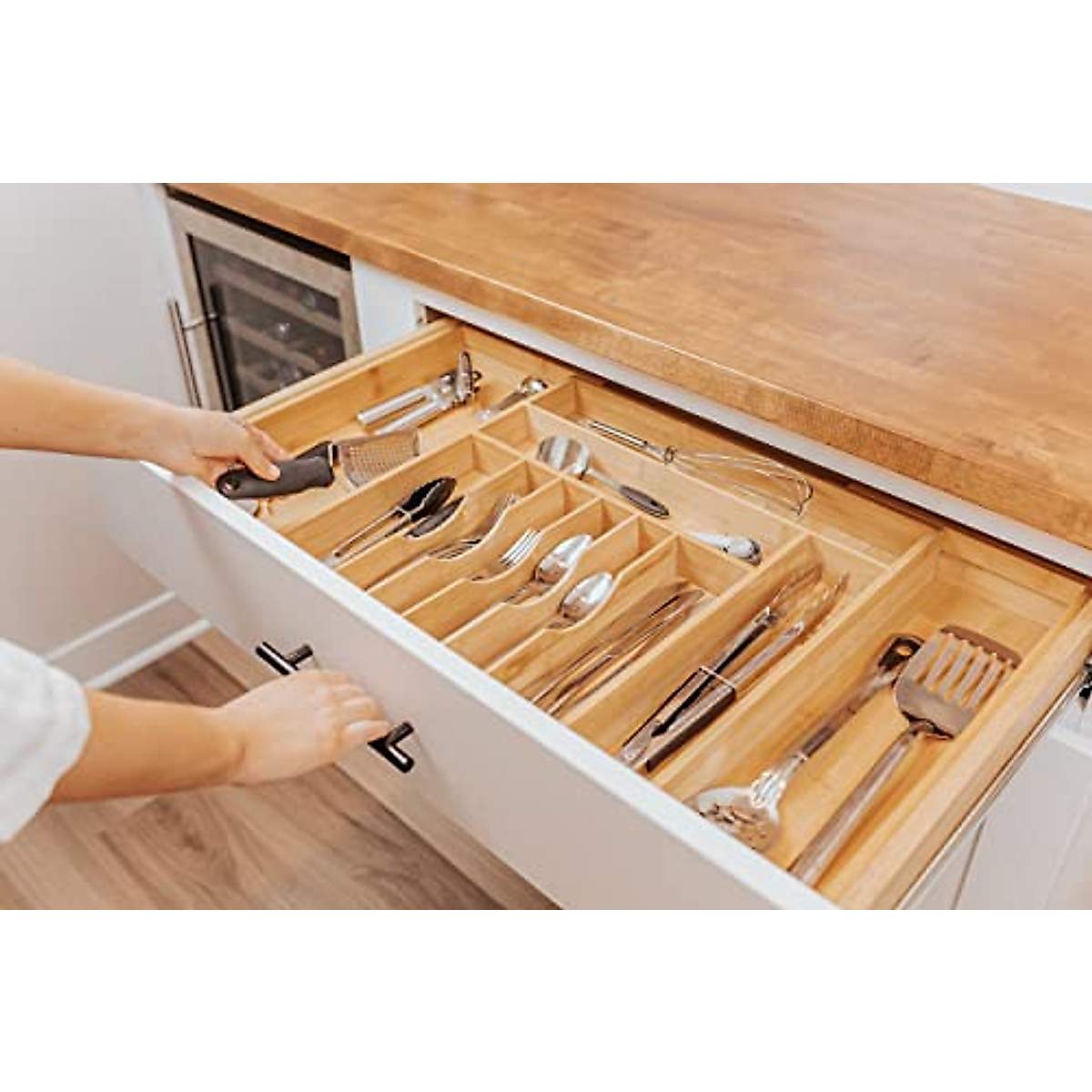 KitchenEdge Premium Silverware, Flatware and Utensil Organizer for Kitchen Drawers, Expandable to 33 Inches Wide, 11 Compartments, 100% Bamboo