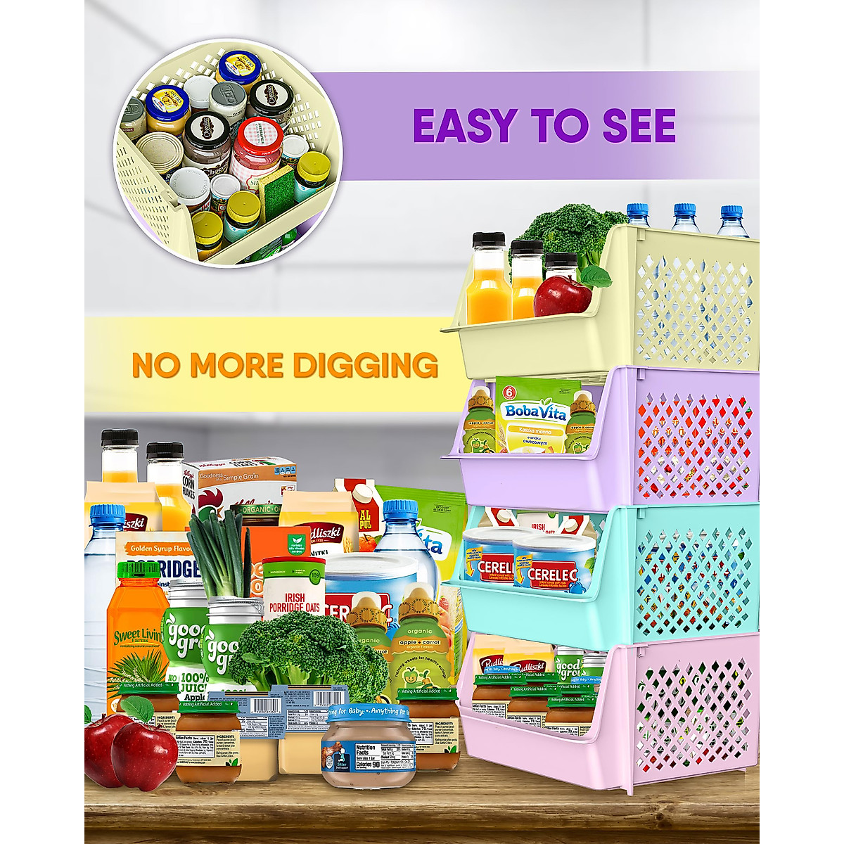 Skywin Large Stackable Storage Bins for Pantry, Multi - 4 Pack Stackable Bins For Organizing Food, Kitchen, and Bathroom Essentials (Rhombus)