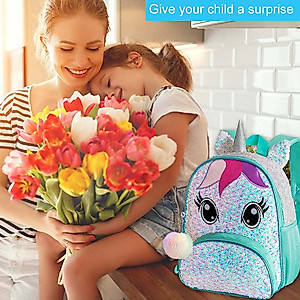 3PCS Toddler Backpack for Girls, 12" Unicorn Sequin Preschool Bookbag and Lunch Box- Green