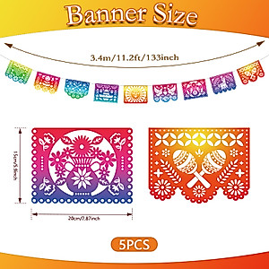 Qpout 5 Packs Mexican Party Banners Iridescent Plastic Papel Picado Banner Cinco de Mayo Decor Fiesta Garland for Dia De Los Muertos Decor,Fiesta Birthday Baby Shower Party Decorations Flags