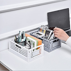Klyuqoz Pastel Crates, 3 Pack Storage Crates Plastic Stackable, Large Size (9.5 X 6.3 X 3.9 in), Desktop Storage Crates, Folding for Home Kitchen Bedroom Office.Blue, Gray, White