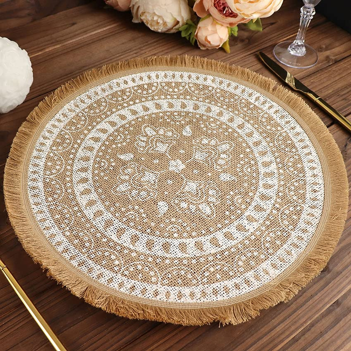 TABLECLOTHSFACTORY 4 Pack | Natural 15" Jute & White Print Fringe Placemats, Rustic Round Woven Burlap Tassel Table Mats