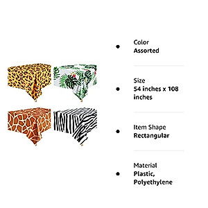 Animal Safari Tablecloth Jungle Animal Theme Tablecover Tiger Zebra Giraffe Print Table Cover Tropical Leaf Tablecloth Party Supplies for Jungle Safari Birthday Baby Showers (Greenery Style, 4 Pcs)